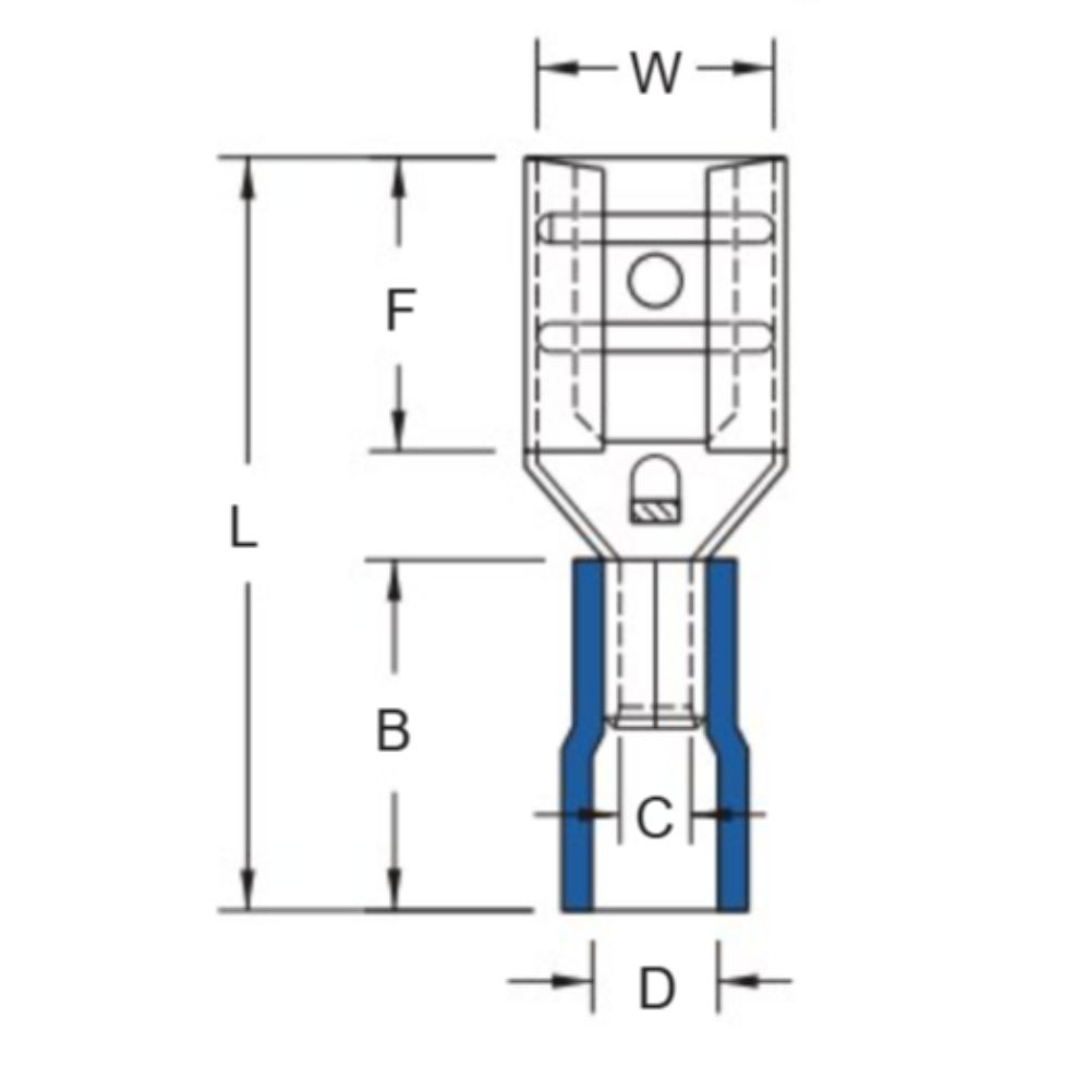 FDV2-187(5) | HALF INSULATED FEMALE SPADE TERMINAL 4.75MM BLUE